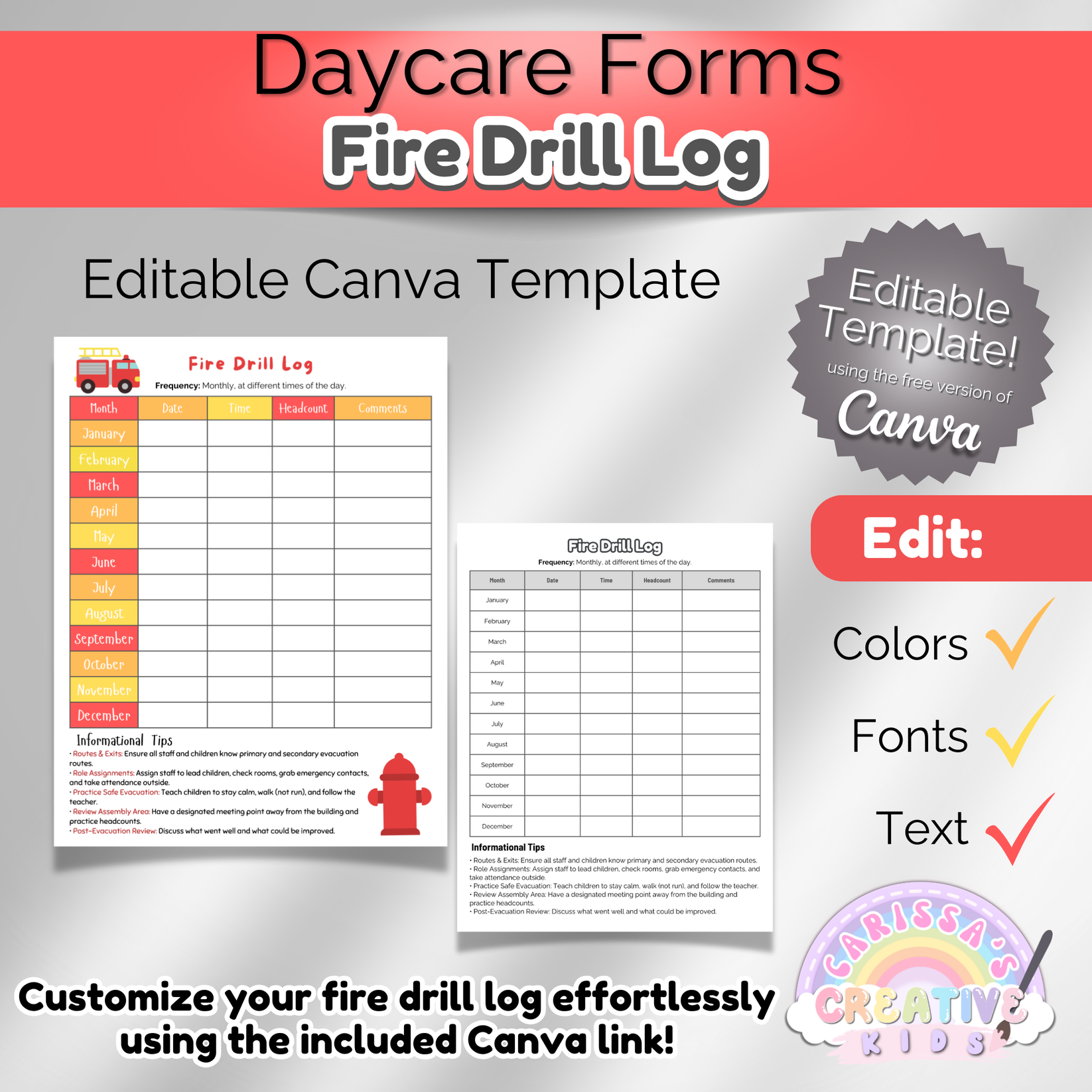 Fire Drill Log Template | Fire Drill Record Form – Carissa's Creative Kids