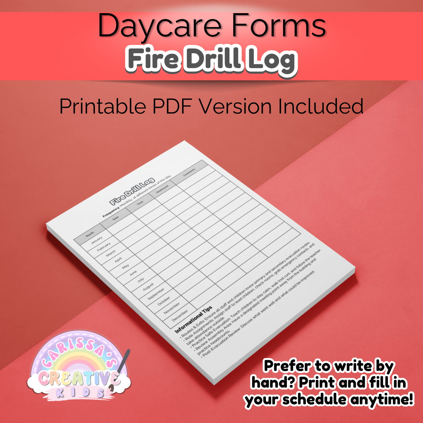 Fire Drill Log Template | Fire Drill Record Form – Carissa's Creative Kids