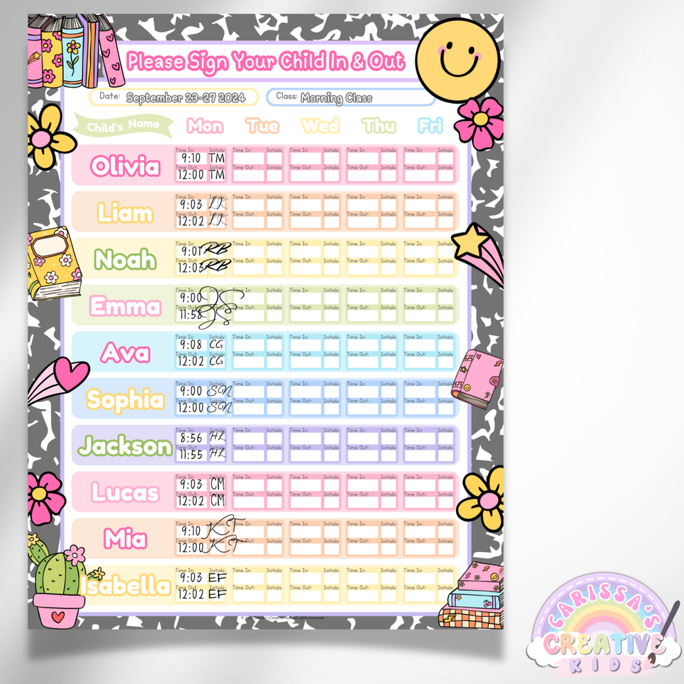 Childcare Sign in and Out Sheets | Printable PDF Canva Template ...